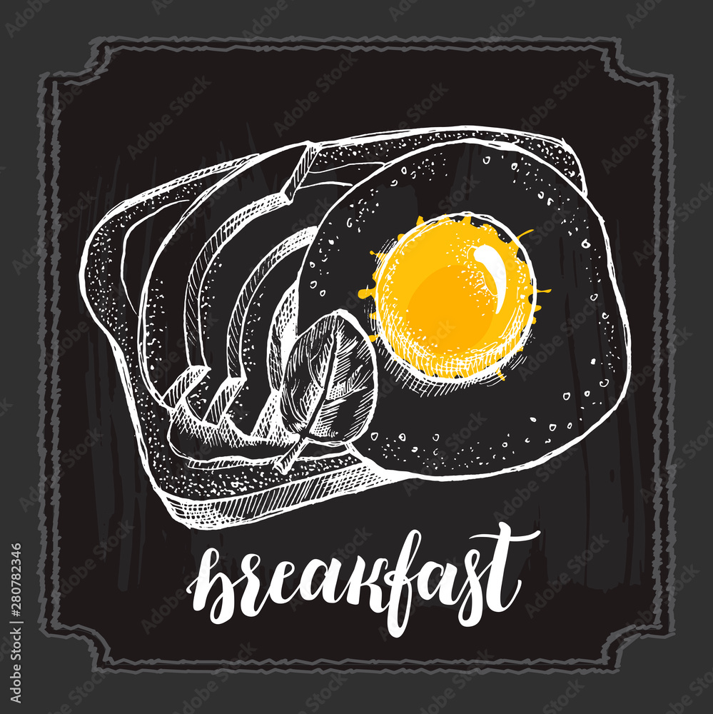 Crispy toast with fried egg and avocado slices. Ink hand drawn Vector ...