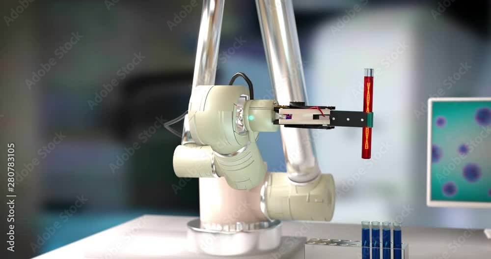Robot arm holding vial with DNA robotic laboratory, futuristic lab ...