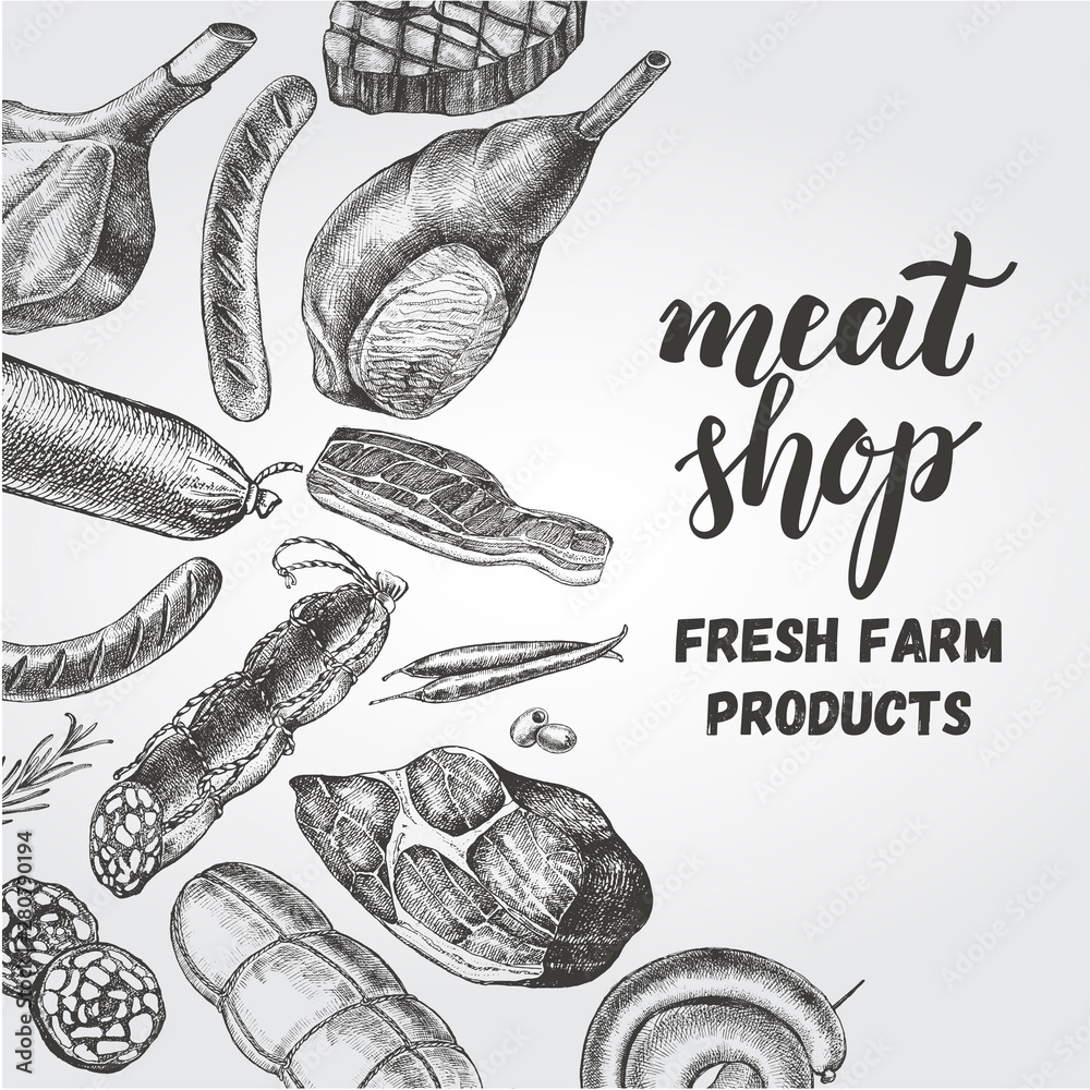 Ink hand drawn background with meat and grill products, bacon, salami ...