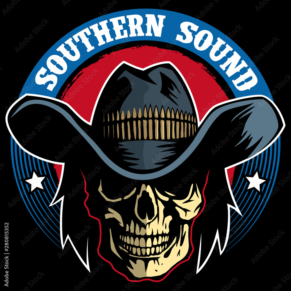 Southern rock vector logo, human skull with cowboy hat vector logo ...