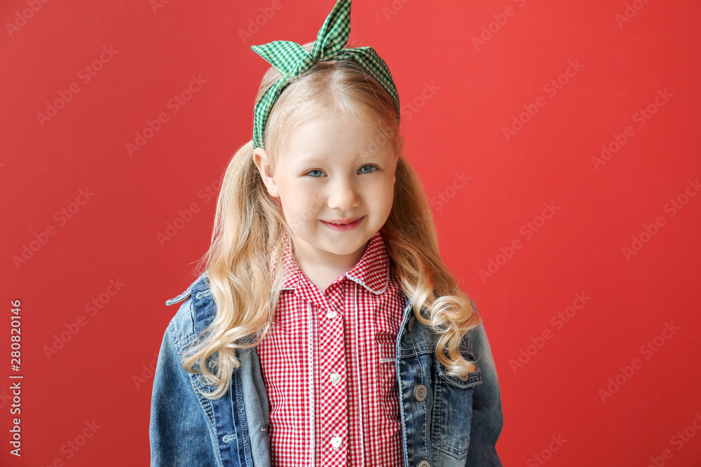 Portrait of stylish little girl on color background Stock Photo | Adobe ...