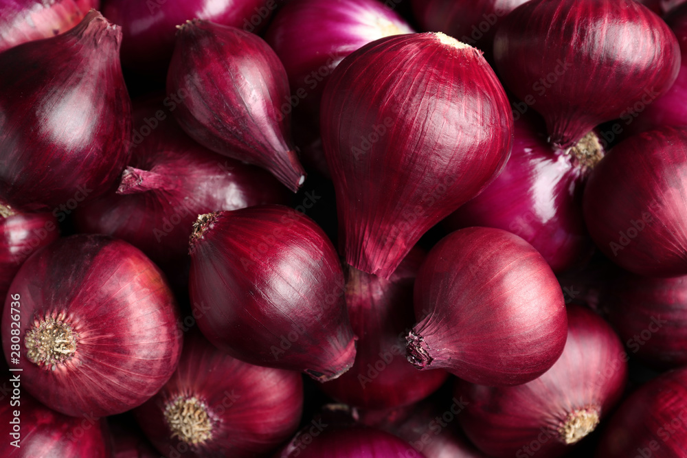 Bright red ripe onions as background, top view Stock Photo | Adobe Stock