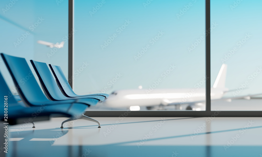 Airport lounge with airplane blurred background. 3d rendering Stock ...