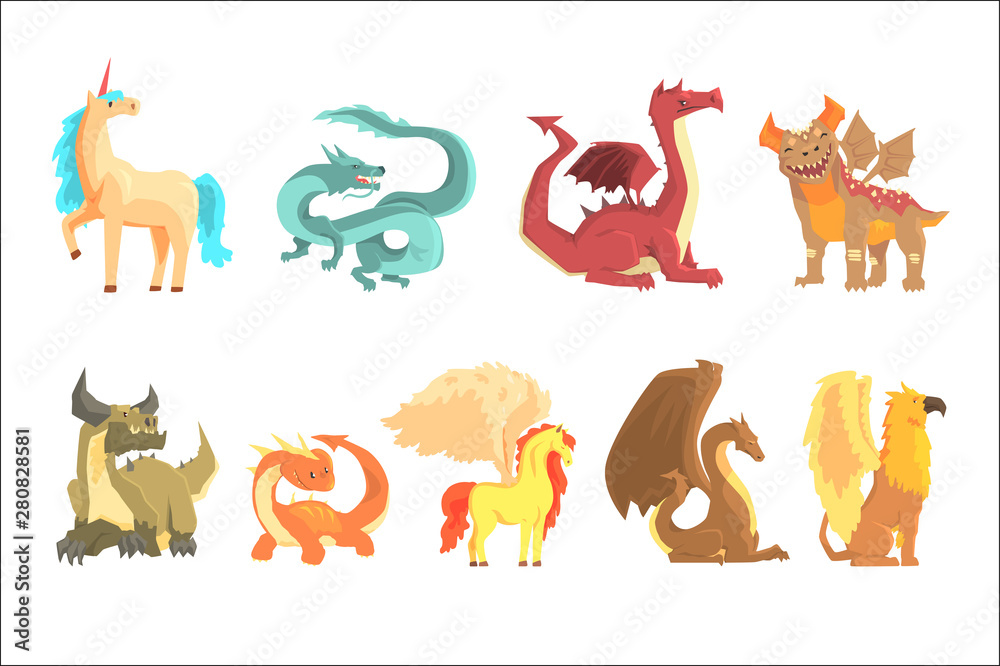 Mythological animals, set for label design. Dragon, unicorn, pegasus ...