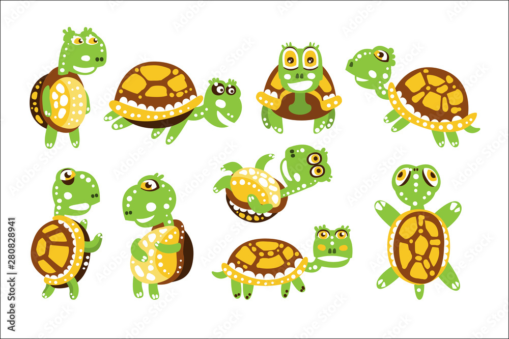Cartoon funny turtle, set for label design. olorful character vector ...