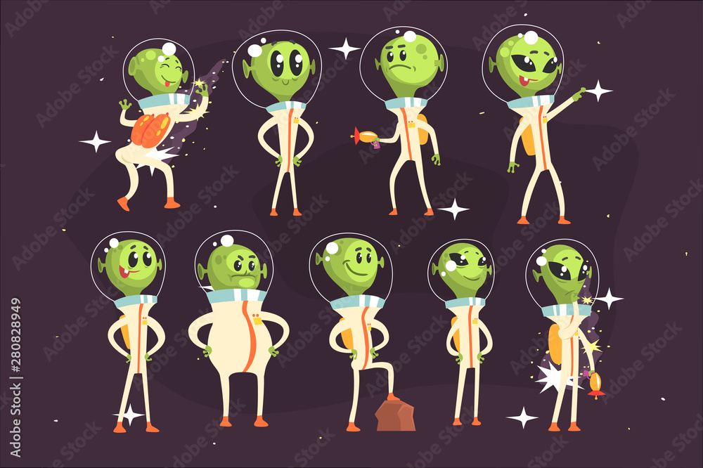 Cute Aliens In Space Suits, Spaceship Crew Of Little Green Men Funny ...