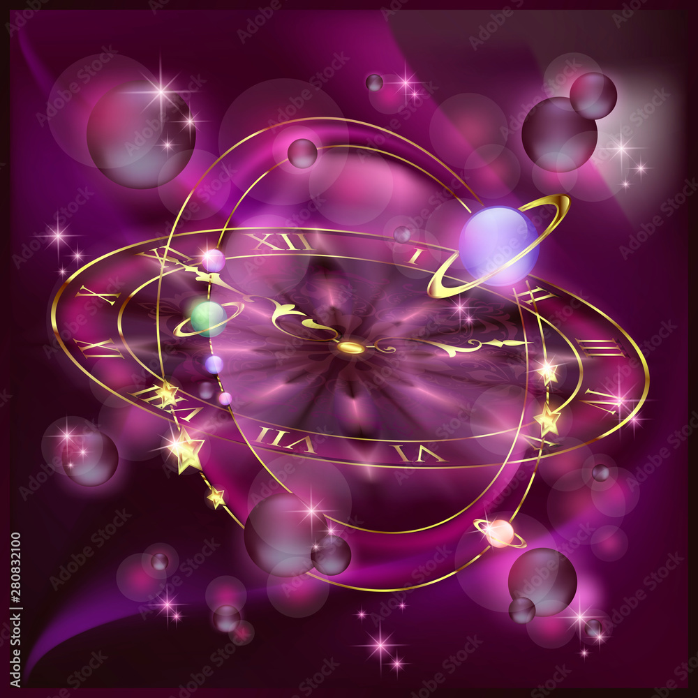 Galactic clock dial with planets and stars in the night sky and the ...