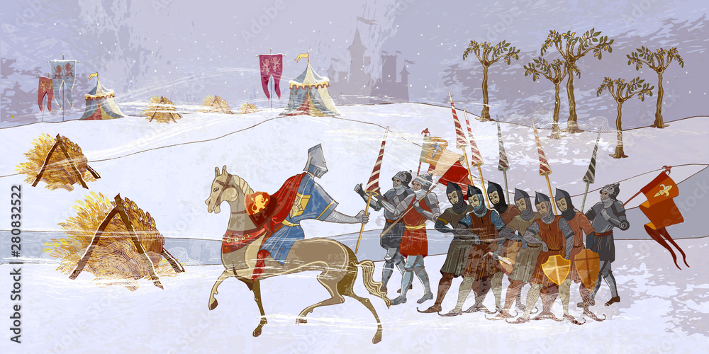 Medieval battle scene. Crusaders warriors and soldiers go to war. Cold ...