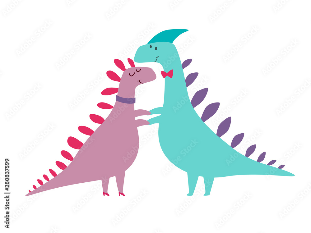 Romantic couple dinosaurs vector illustration. Happy T-rex characters ...