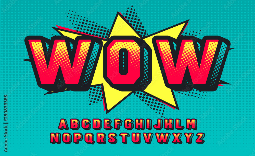 Wow. Comics super hero style. 3D font. Dispaly original typeface. Stock ...