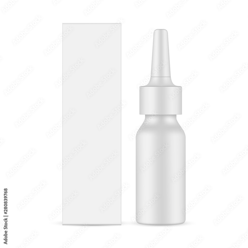 Nasal spray bottle with packaging box mockup isolated on white ...