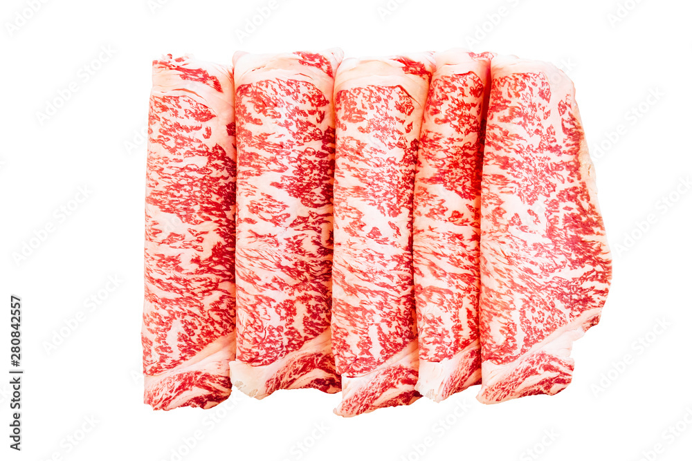 Isolated Premium Rare Slices Wagyu A5 beef with high-marbled texture on ...