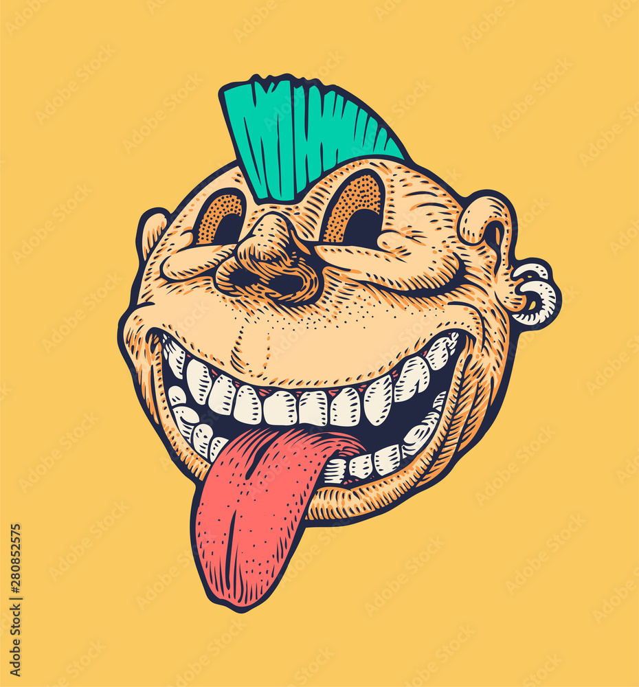 Punk Emoticon with a crest on the head and tongue hanging out. Drawing ...