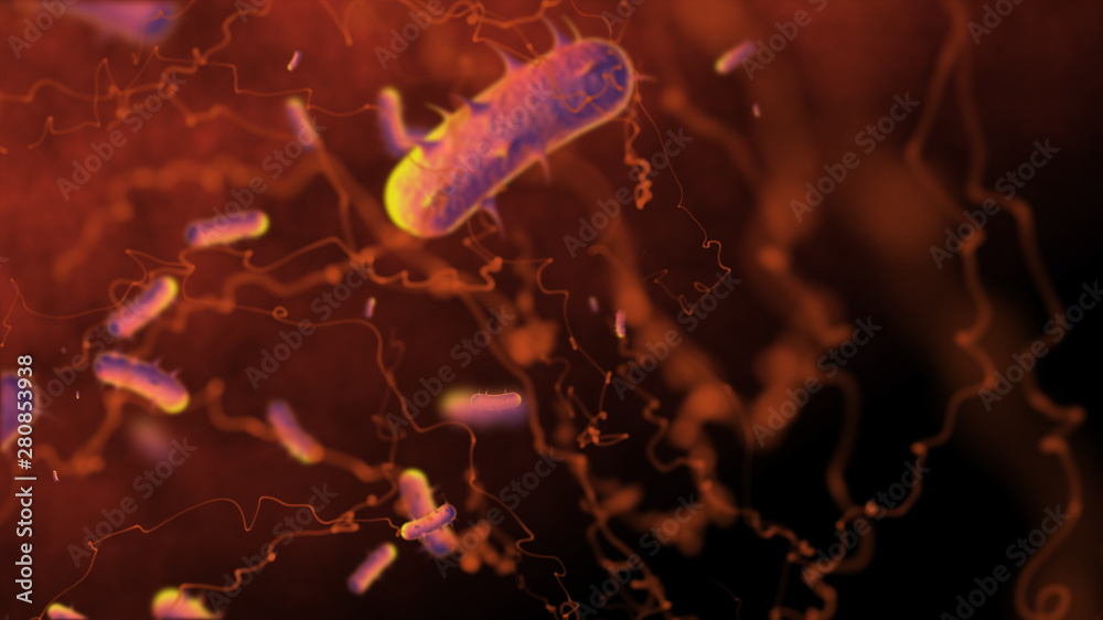 Microscope red blood cells and virus Bacteria, infection 3d rendering ...