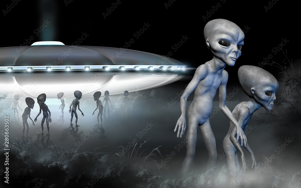 Flying saucer and two grey realistic alien in space. 3D characters ...