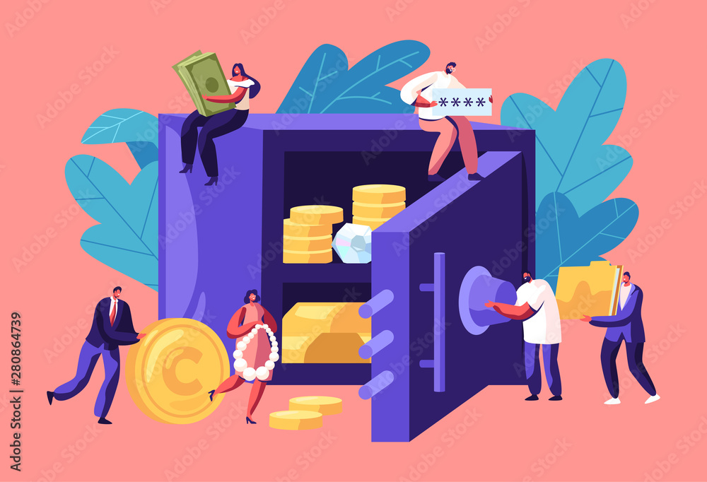Business People around of Bank Safe Full of Money and Jewelry. Idea of ...