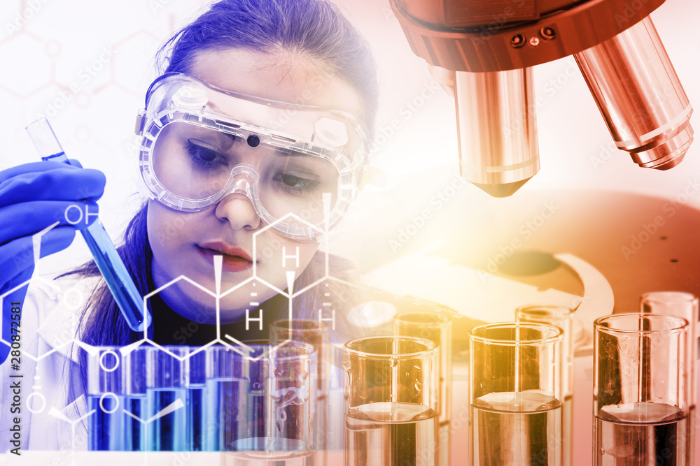 Research and development concept. Double exposure image of scientific ...