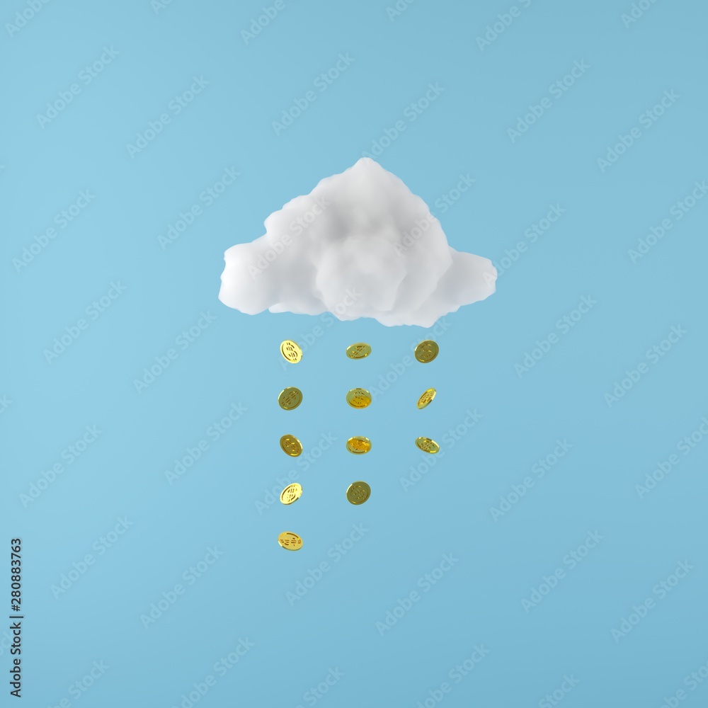 Minimal concept money drop from white cloud floating on blue background ...