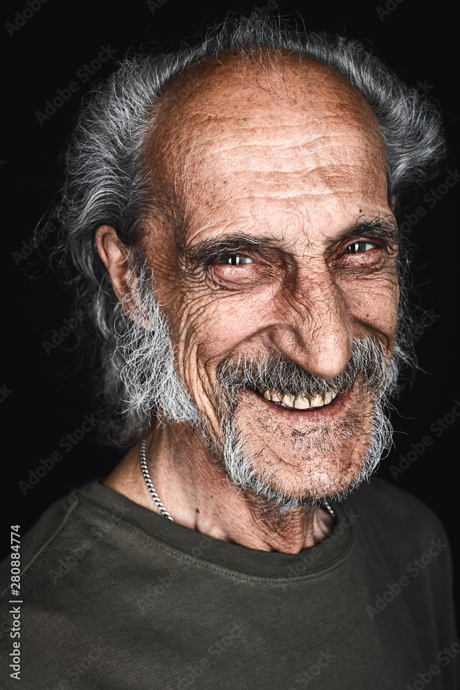 gray-haired mature cunning sly man laughing, rejoicing at good news ...