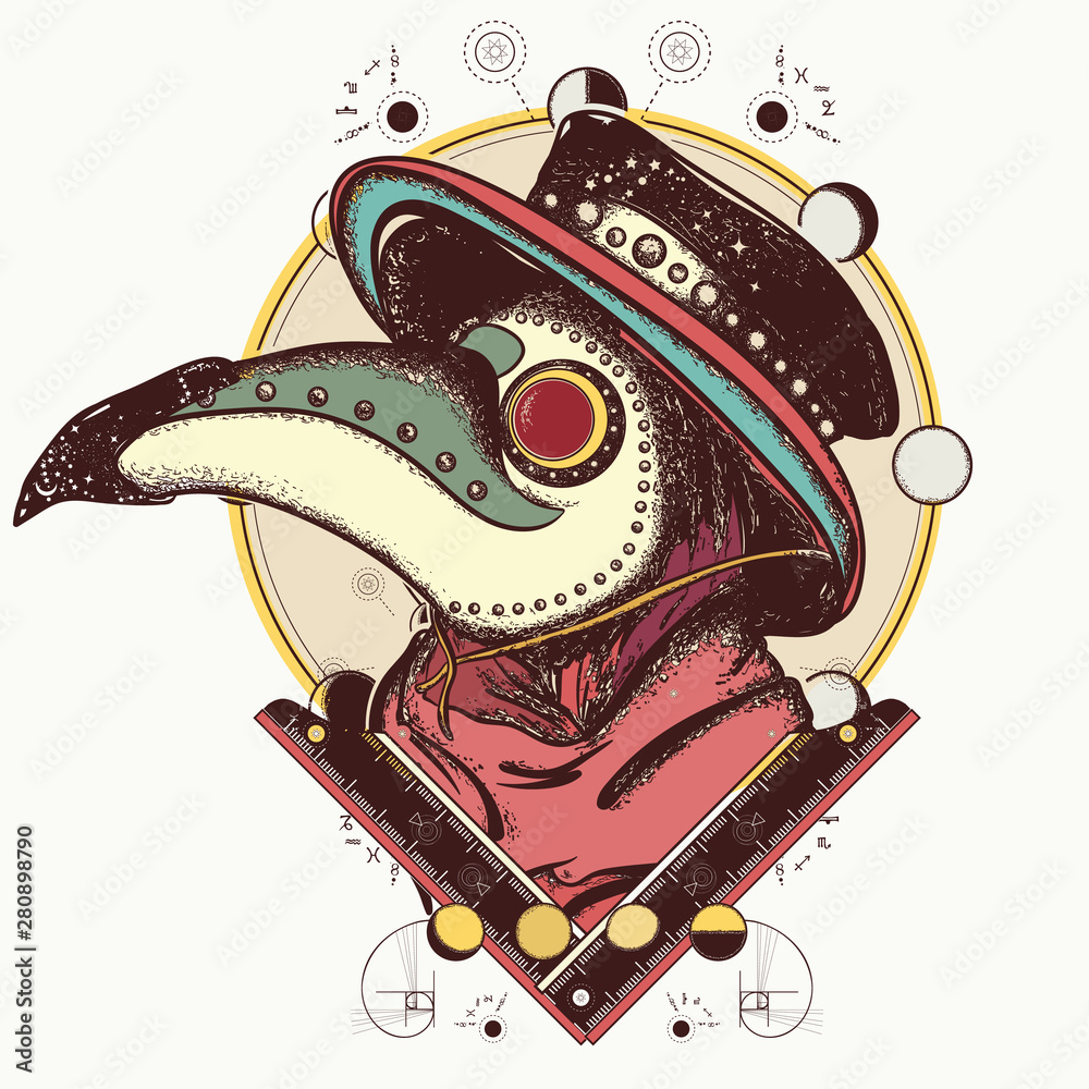 Plague doctor portrait. Color vector tattoo. Medieval gothic venetian ...