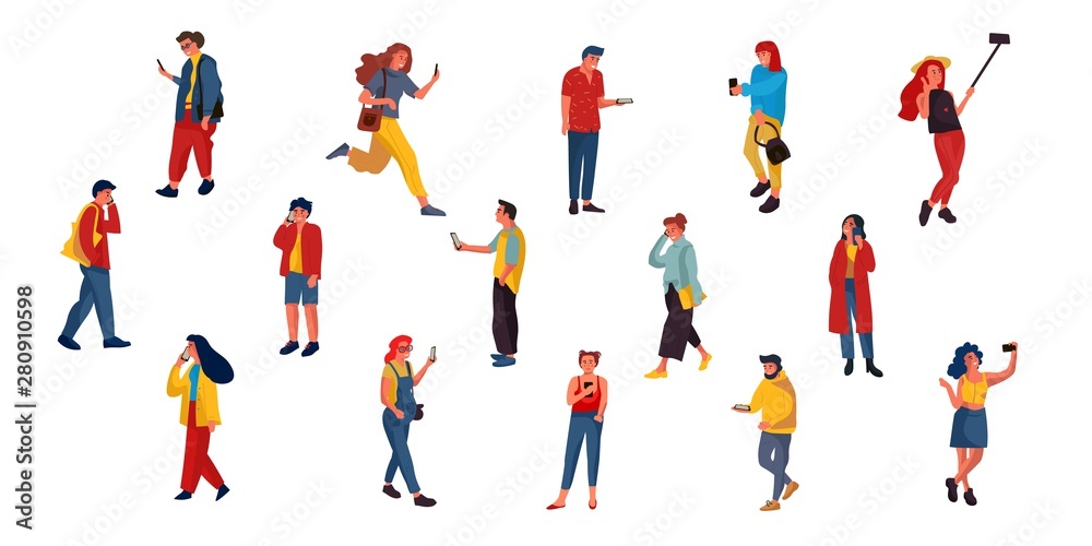 People talking on phone. Flat characters texting listening and talking ...
