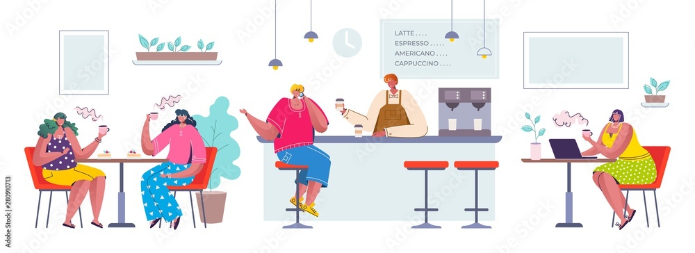 People at cafe. Cartoon characters sitting in coffee shop drinking and ...