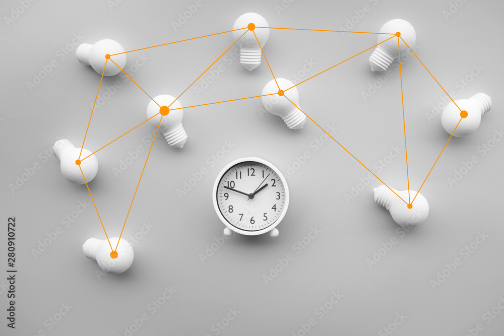 Time,dateline and teamwork concepts with group of lightbulb and alarm ...