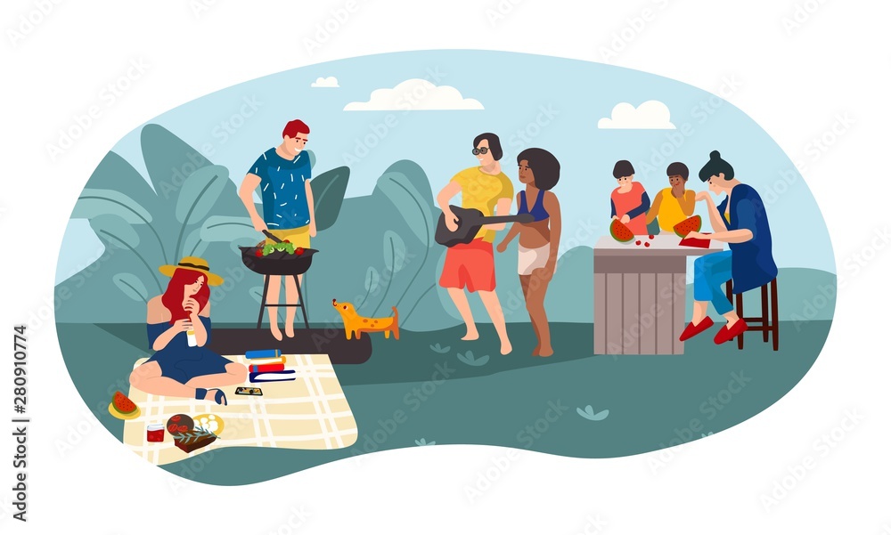 Summer people BBQ. Cartoon parents and children spending time together ...