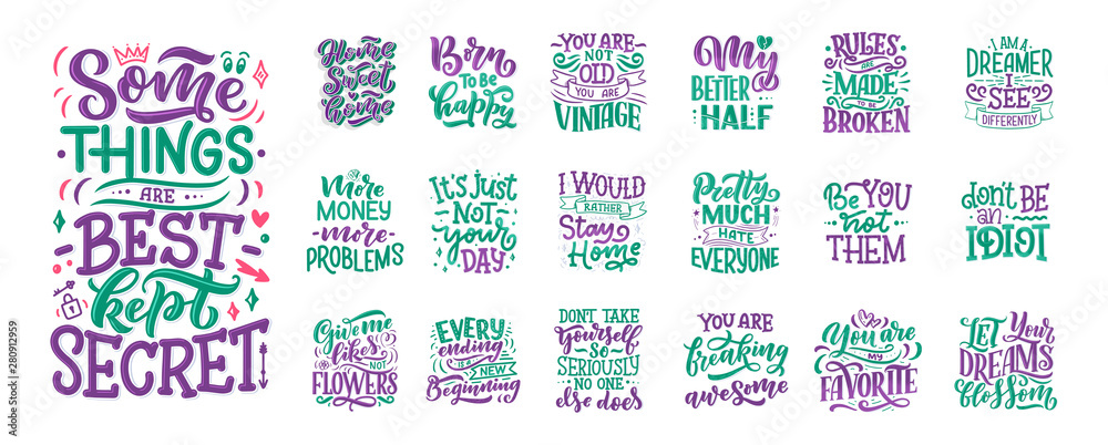 Set with fun slogans for concept design. Hand drawn illustrations ...