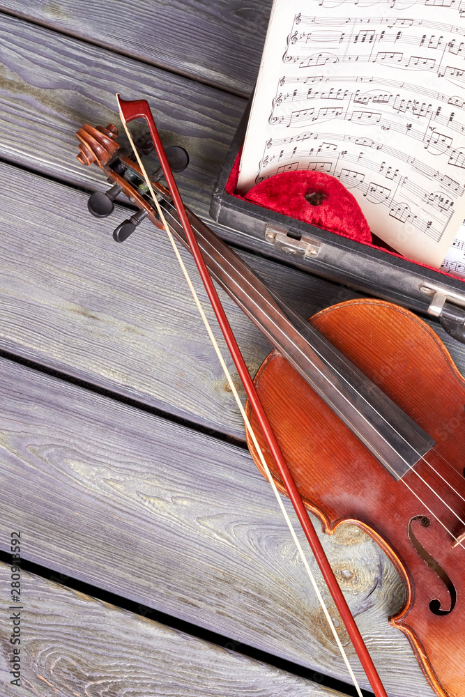 Musical instrument of orchestra, top view. Violin and musical notes on ...