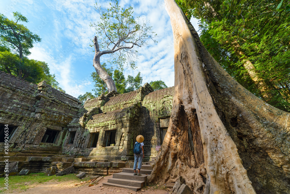 One tourist visiting Angkor ruins amid jungle, Angkor Wat temple ...