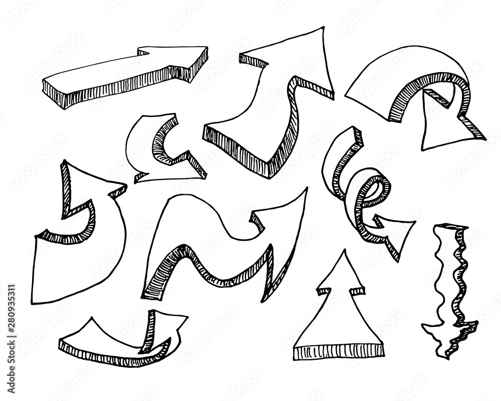 Set of 3D arrow doodle on white background. Hand-Drawn. Vector Isolated ...