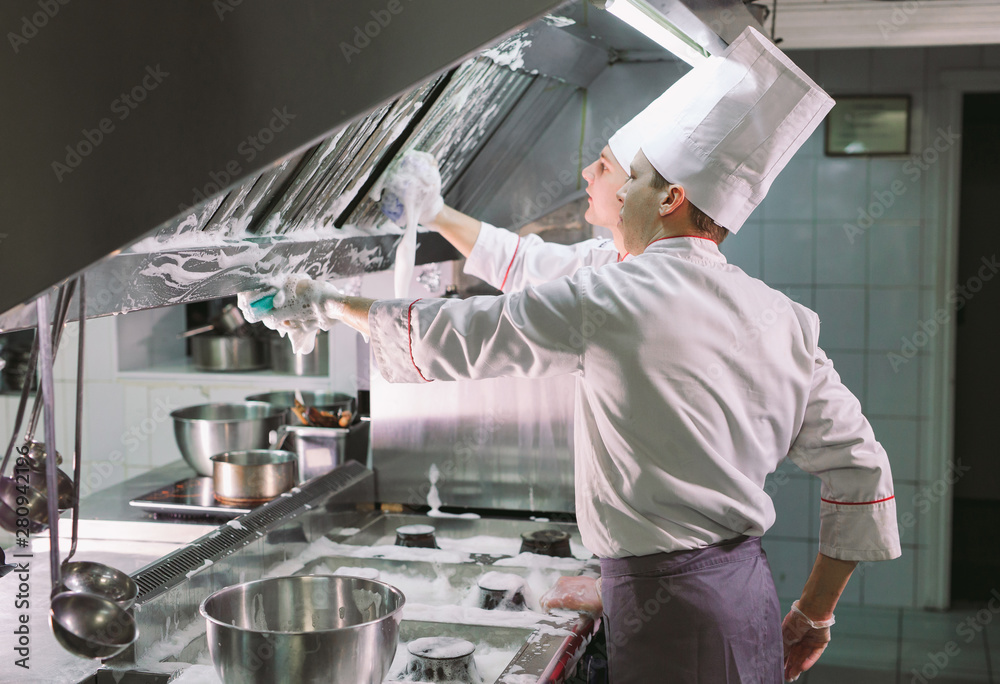 Sanitary day in the restaurant. Repeats wash your workplace. Cooks wash ...