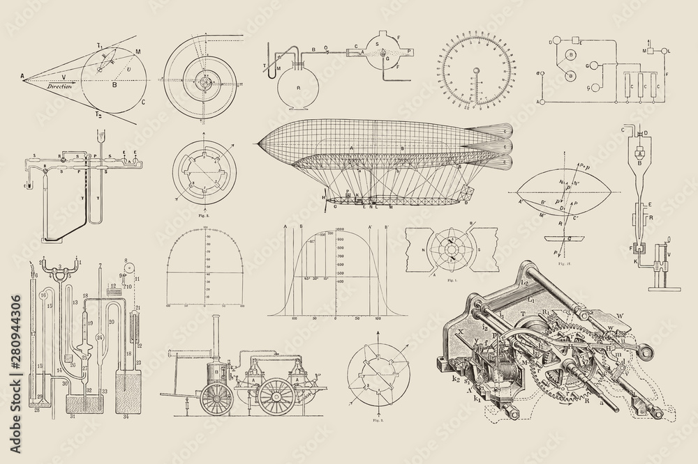large collection of vector steampunk design elements: graphs, charts ...