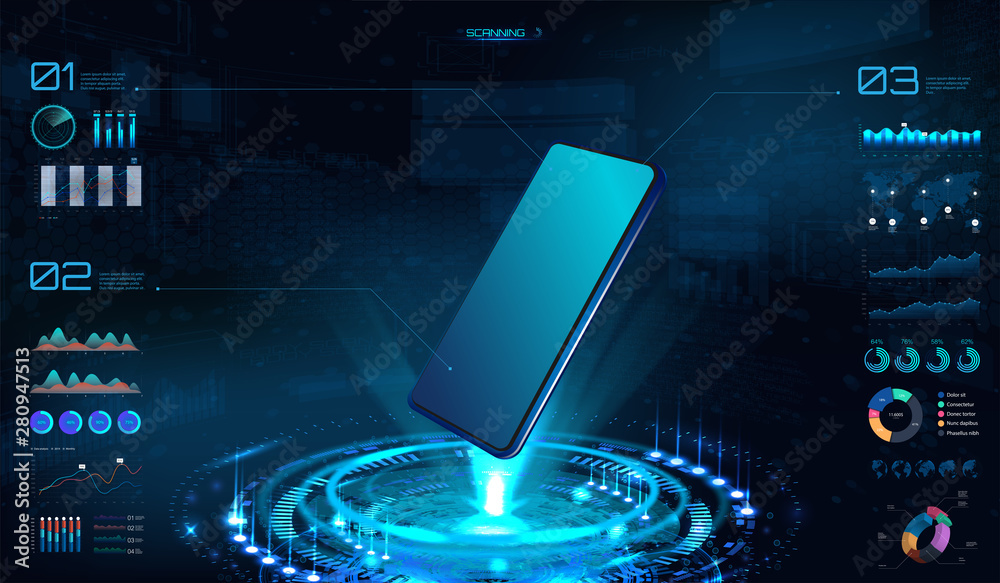 Smartphone futuristic mockup, Hologram with mobile phone. HUD interface ...