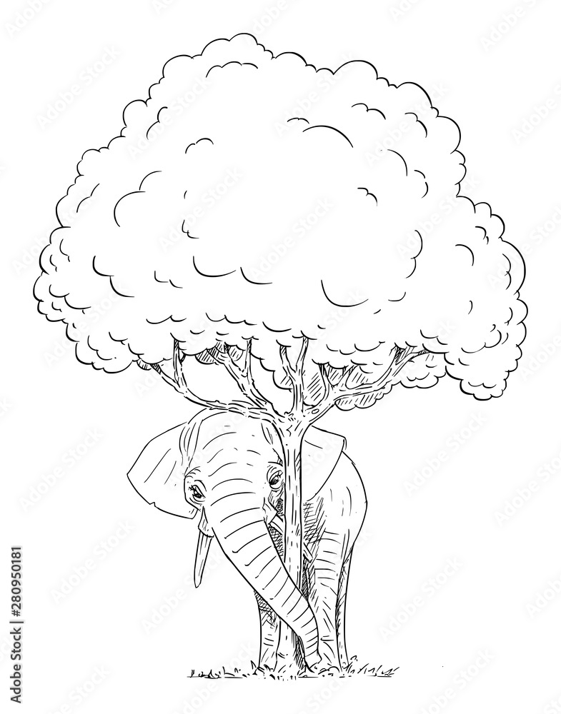 Vector cartoon drawing conceptual illustration of elephant hiding ...