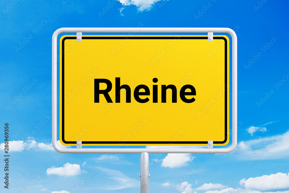 Stadt Rheine. Gelbes Schild, Ortsschild, Ortseingangsschild. Himmel mit ...
