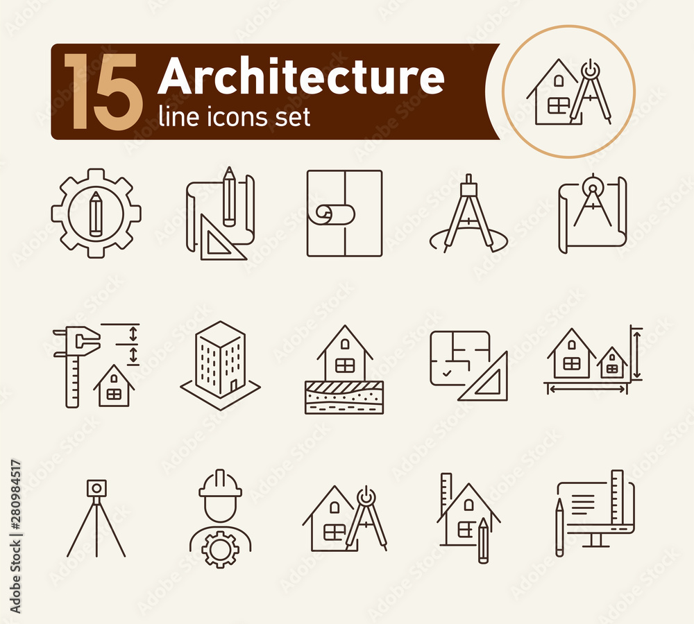 Architecture line icon set. Pencil, ruler, floor plan, building project ...