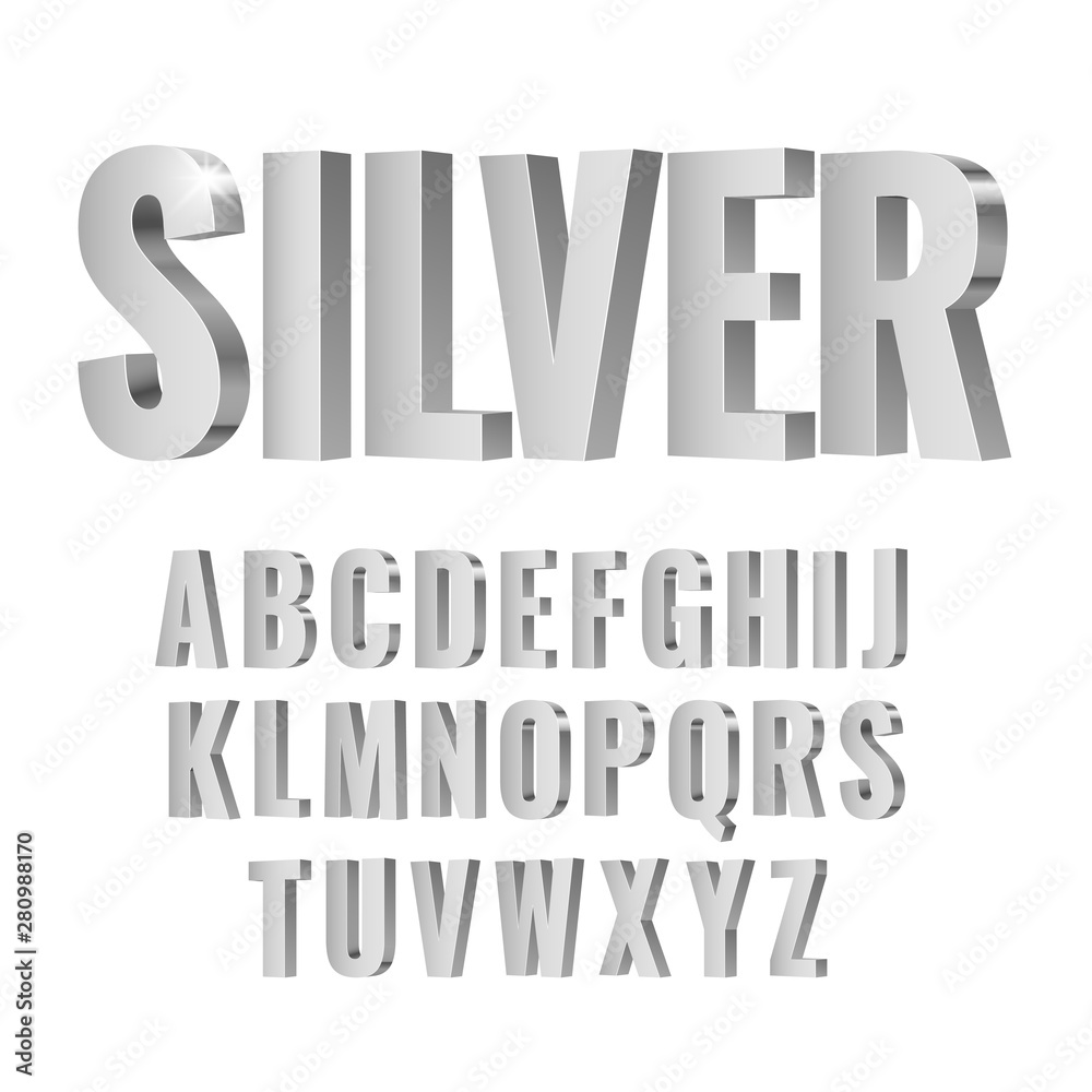 3d silver symbols alphabet. shiny letters in style sanserif font ...