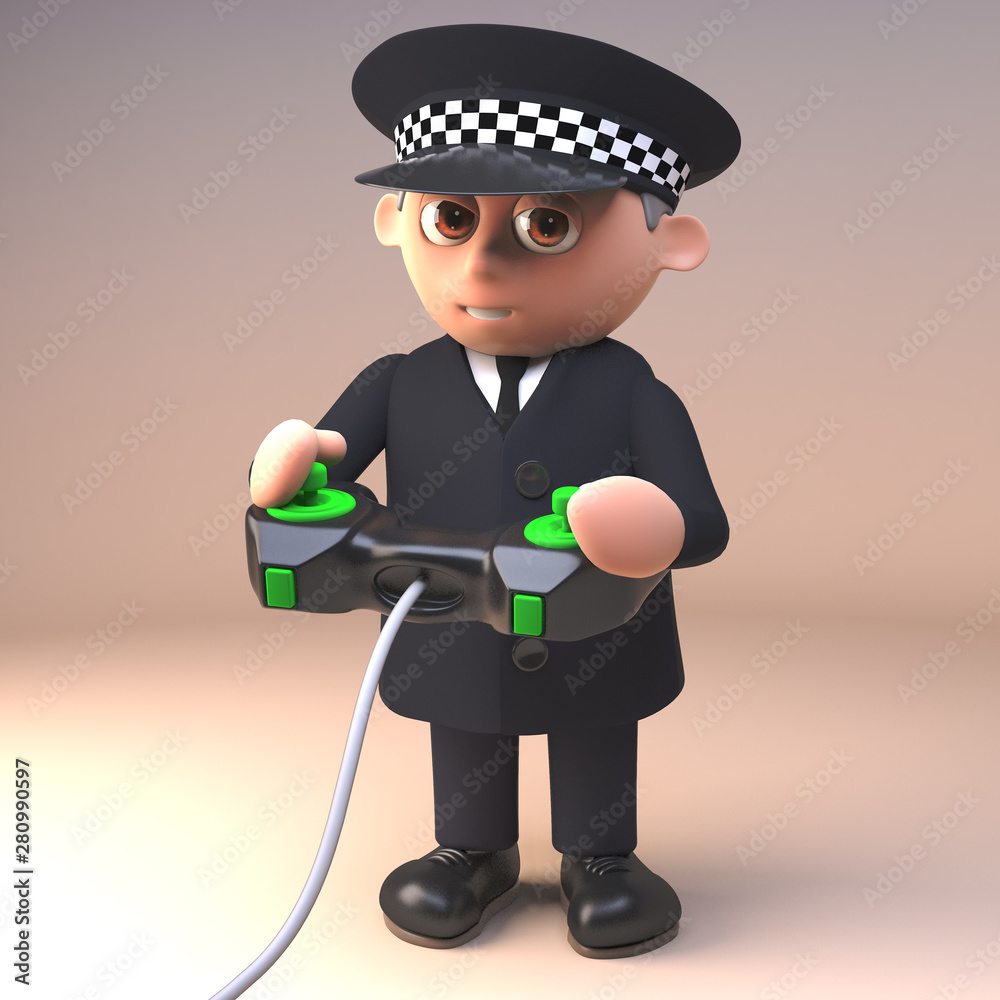 Cartoon policeman police officer in 3d playing a video game with a ...