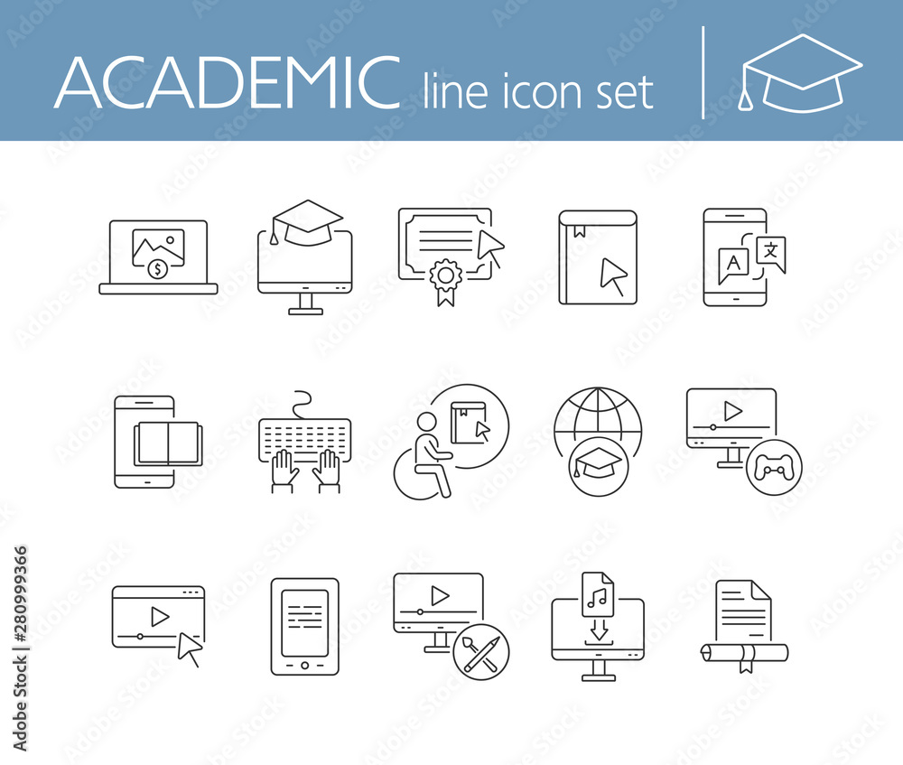 Academic line icon set. E-book, webinar, computer. Online education ...