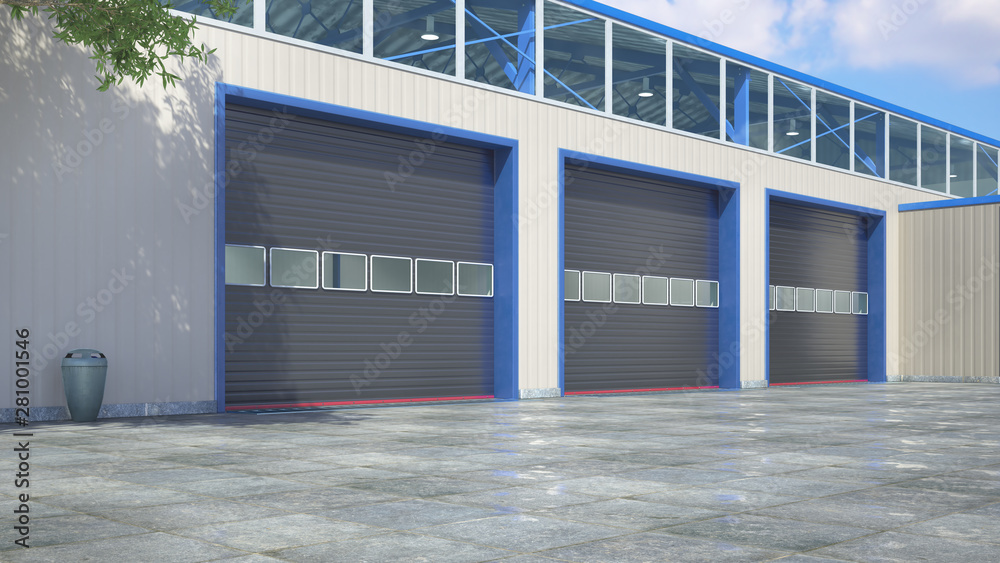 Hangar exterior with rolling gates. 3d illustration Stock Illustration ...