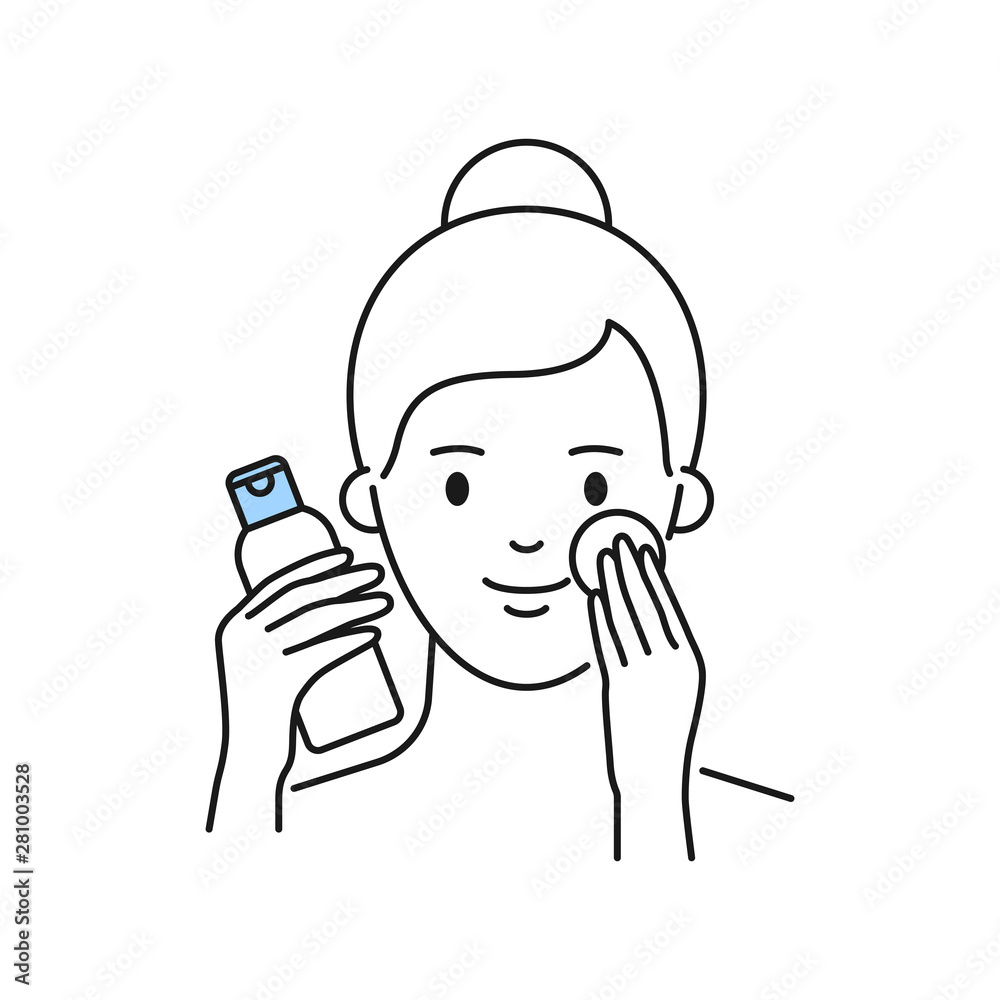 Vector illustration of woman apply cleanser, face tonic, moisturizer ...