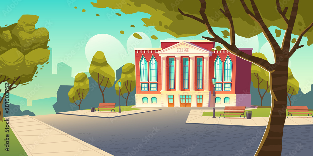 College building, educational institution, school empty front yard with ...