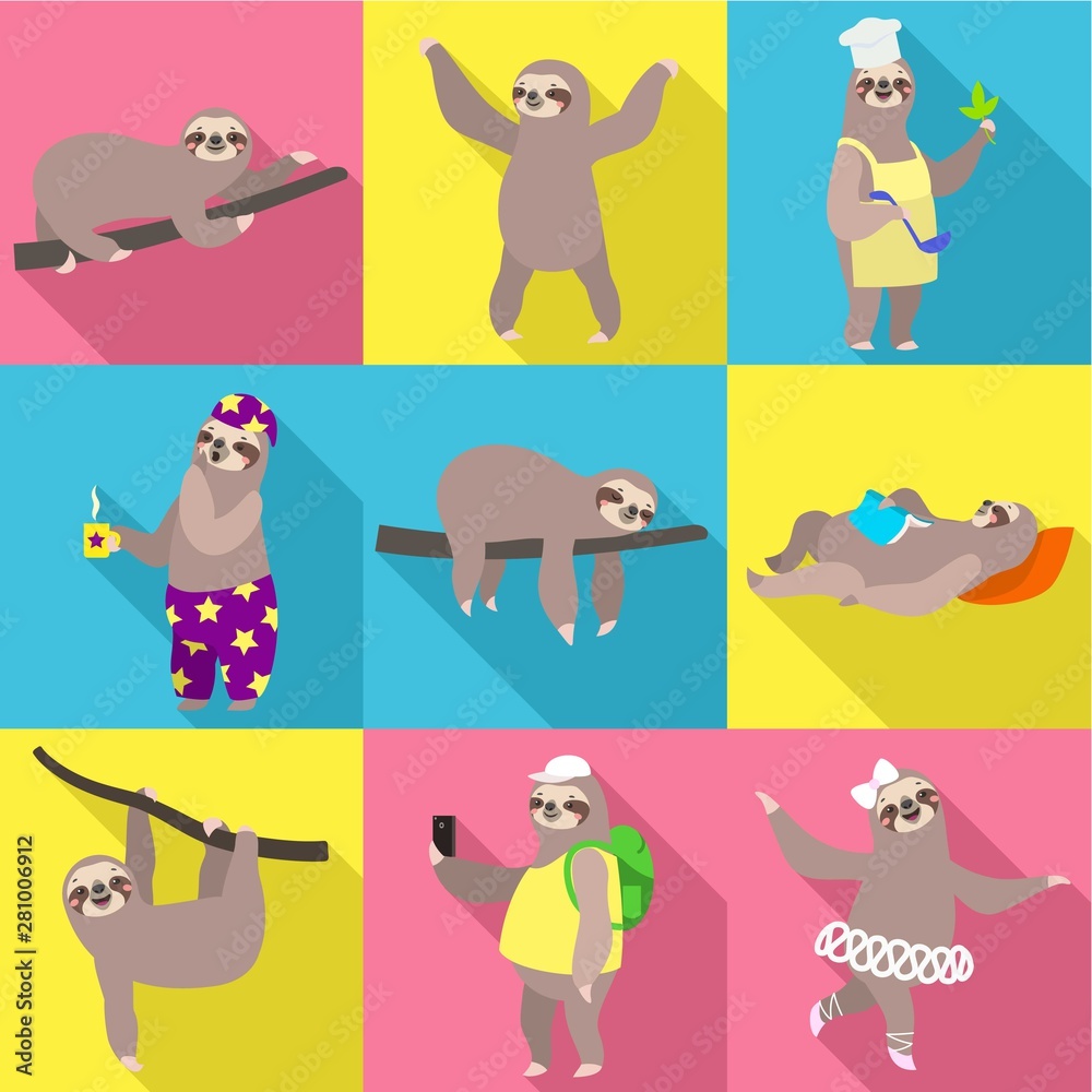 Sloth icon set. Flat set of 9 sloth vector icons for web design ...