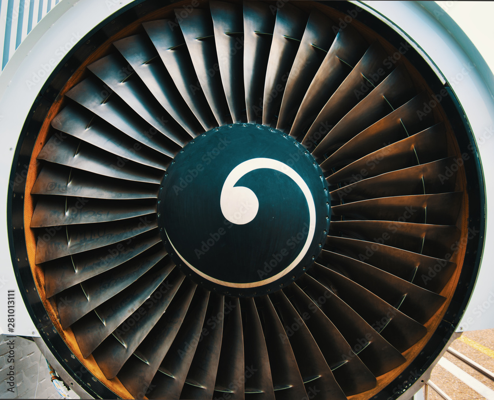 Front of the jet engine of a passenger aircraft, close-up view Stock ...