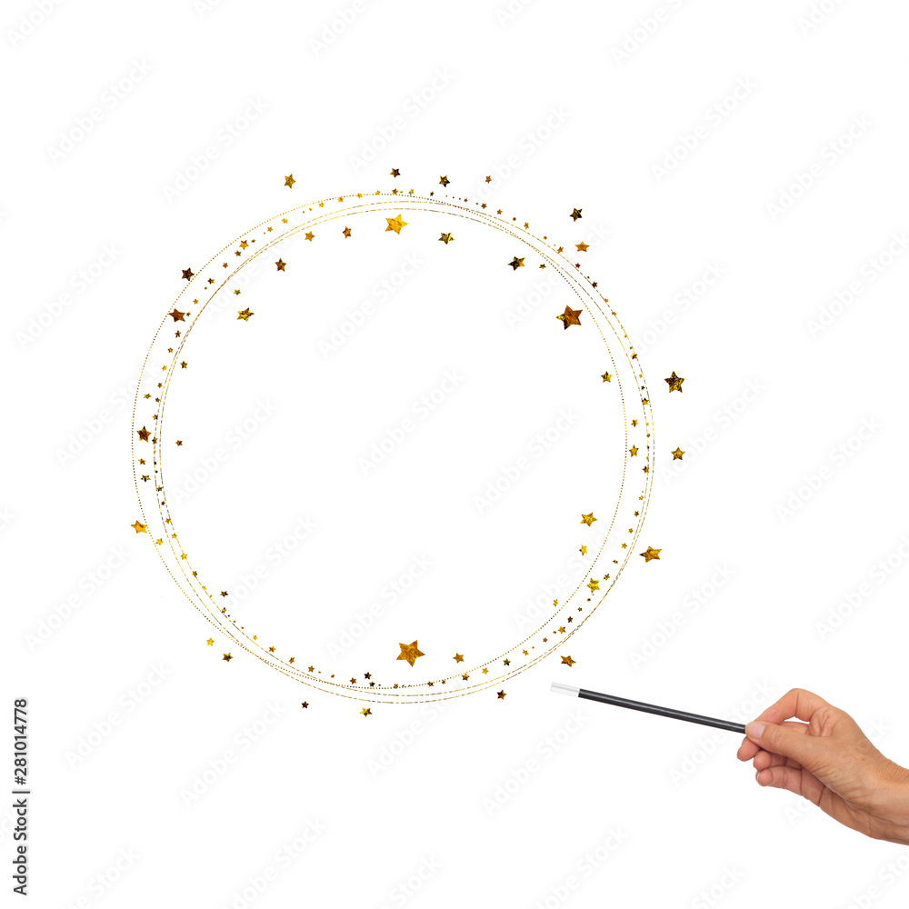 Magic wand in hand with gold stars, circles for frame, border. White ...