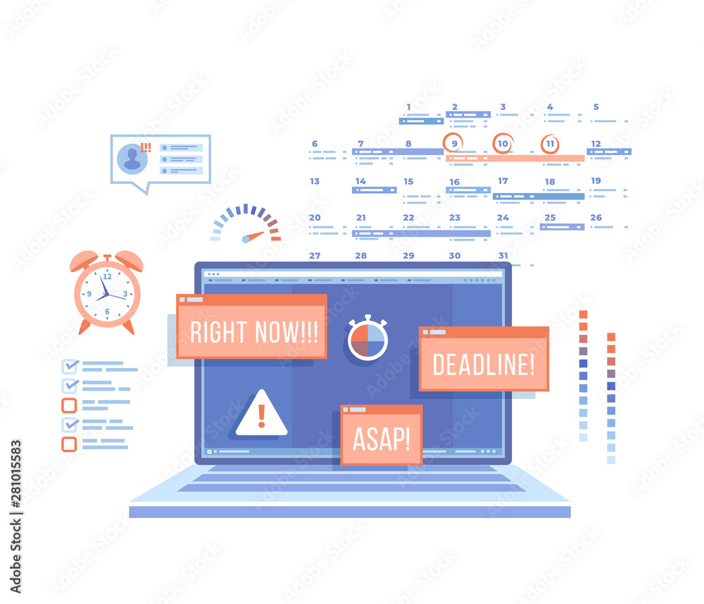 Deadline, Asap, Time limit and control. Laptop with pop-up Attention ...