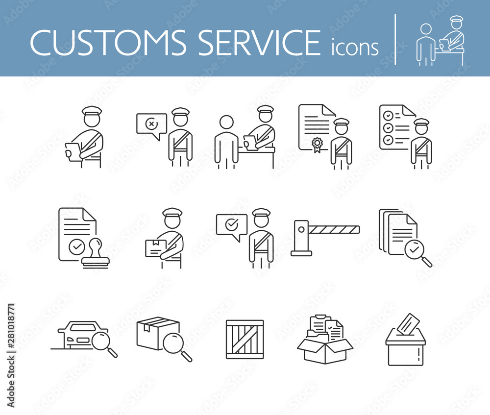 Customs post icons. Set of line icons. Document inspection, customs ...