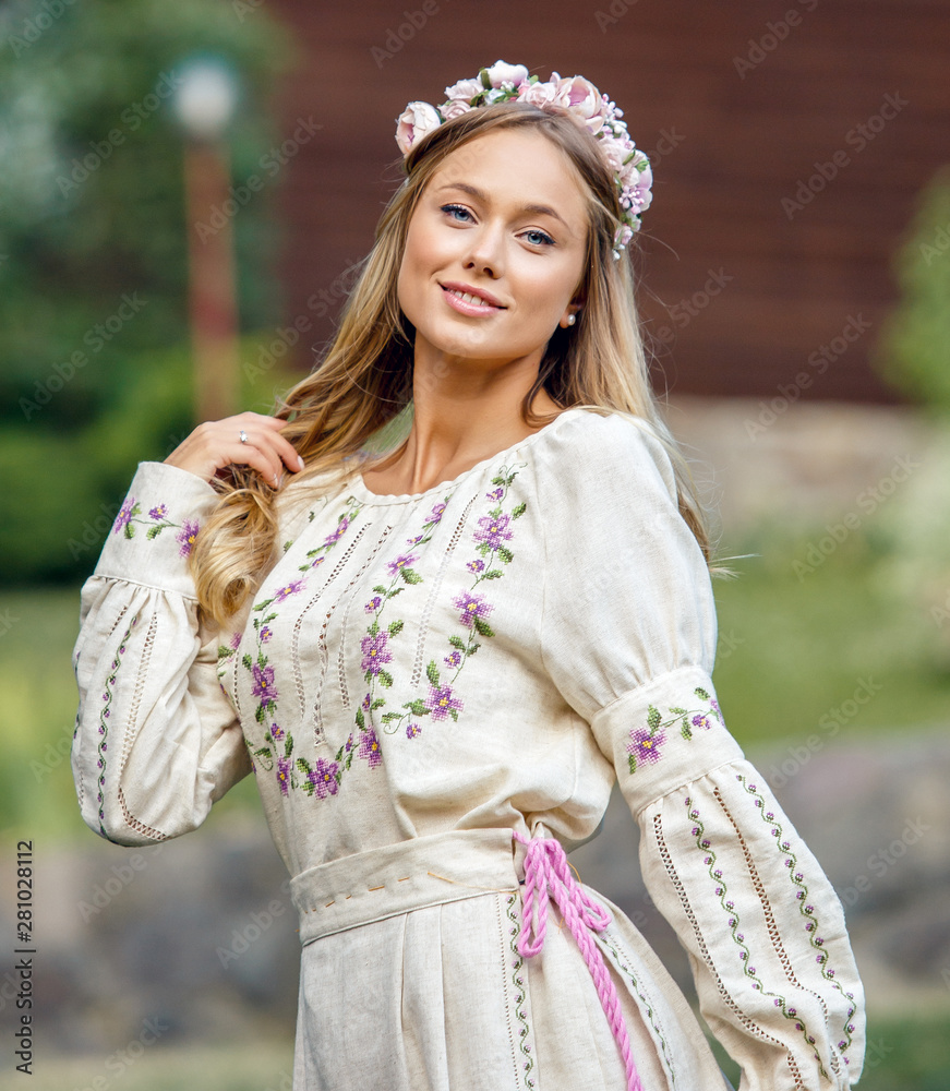 Beautiful Blonde Ukrainian Girl With Blue Eyes In Folk Clothing Boho